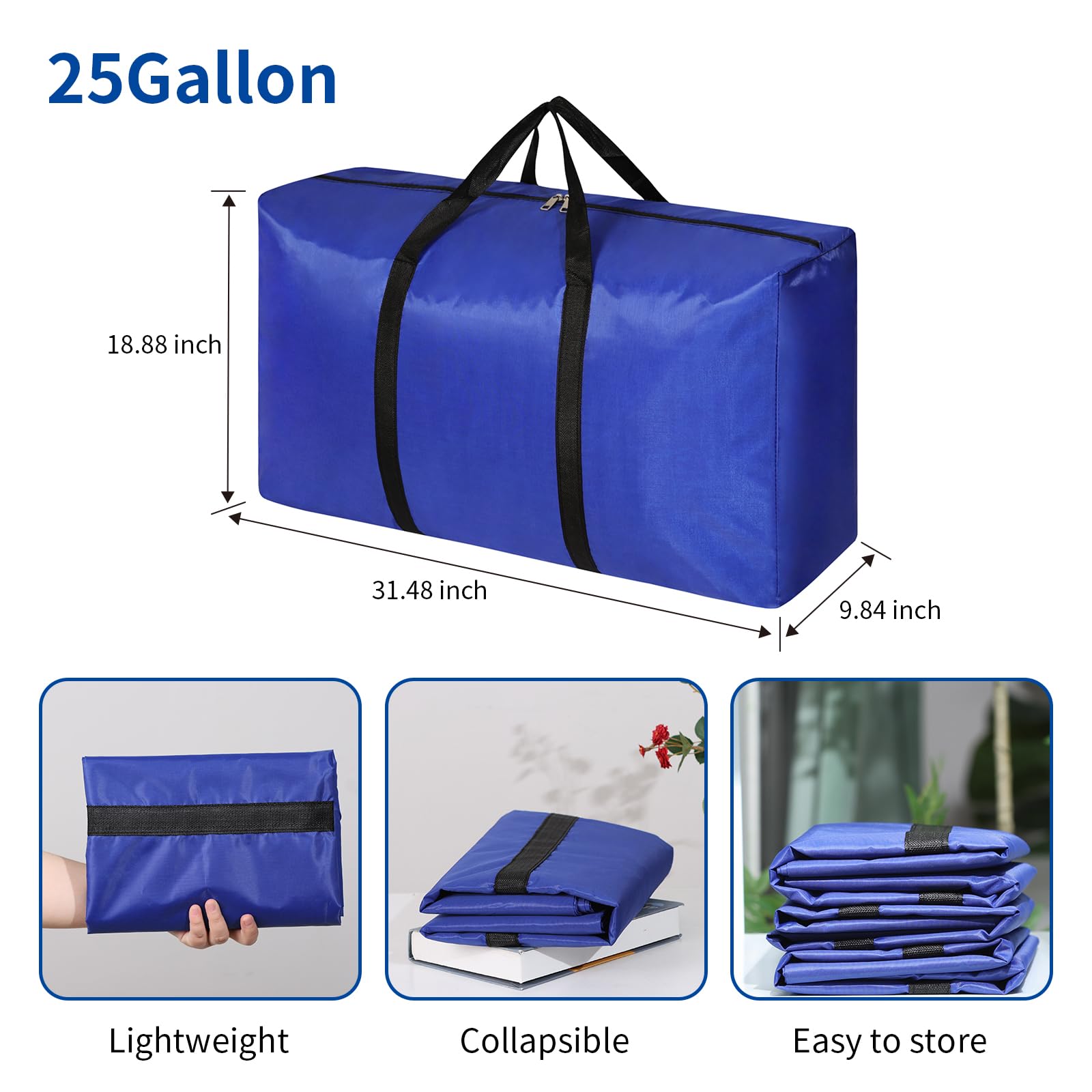 QINGXIANGZI Extra Large Moving Bags: 4 Pack Storage Totes - with Sturdy Zippers and Wrap-Around Handles for Moving Supplies and Space Saving - Blue