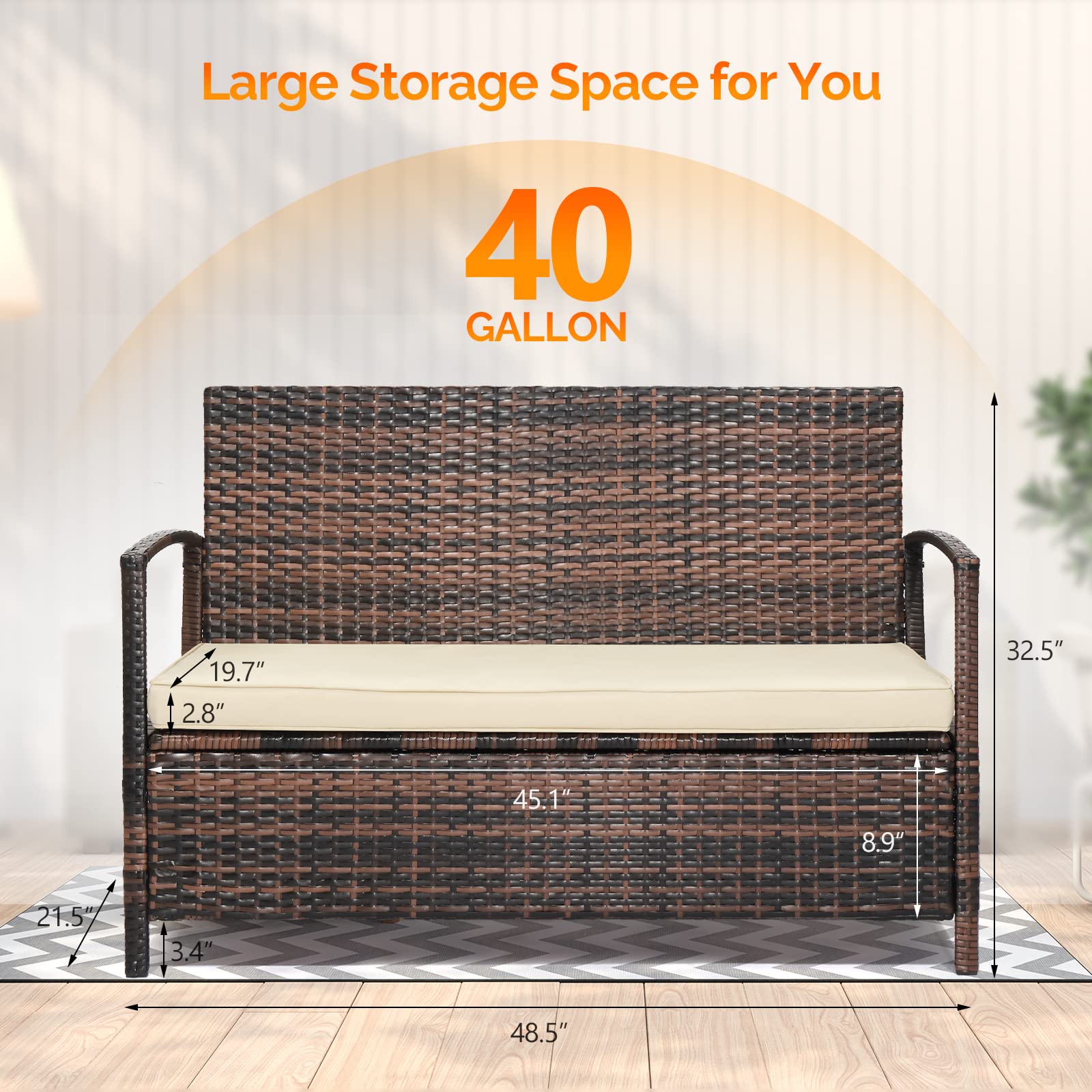 VINGLI 40 Gallon Outdoor Bench with Storage, Wicker Deck Box, Rattan Outdoor Storage Box, Patio Sofa Storage Bench with Cushion for Porch, Yard, Lawn, Garden (Brown)