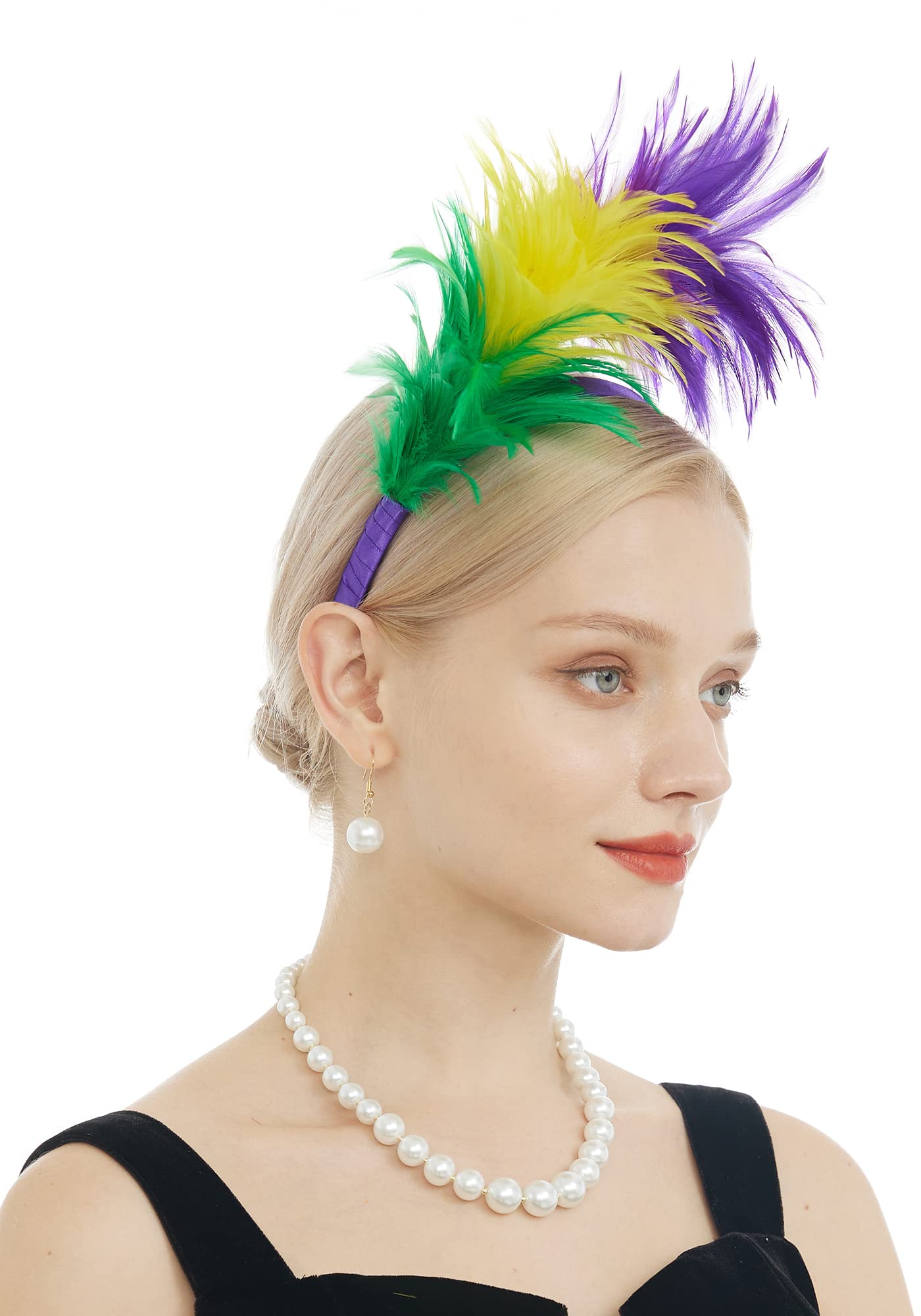 FELIZHOUSE 1920s Fascinator with Feathers Headband for Women Wedding Tea Party Headwear (Mardi Gras Purple)