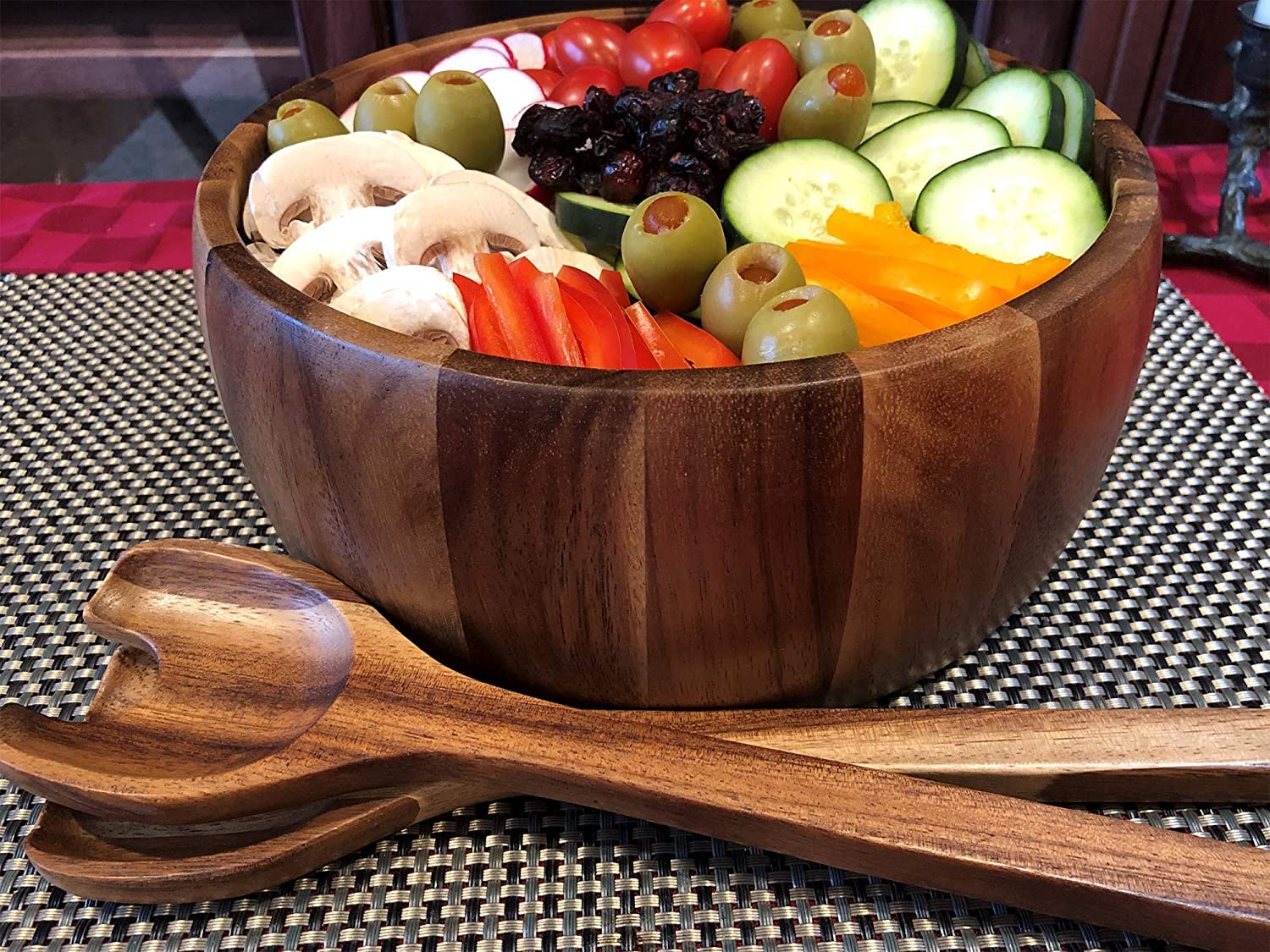 Kalmar Home 10-Inch Acacia Wood Large Dragor Salad Bowl with Servers