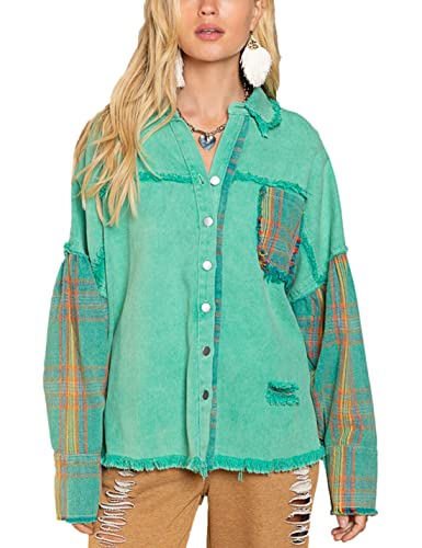 Zontroldy Denim Jean Jacket Shirt for Women Plaid Patchwork Distressed Ripped Frayed Denim Jean Jackets Shacket(0828-Green-M)