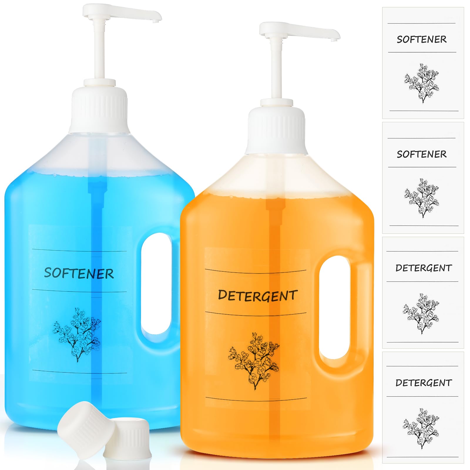 Qinyoung 2 Pcs 1 Gallon/128 oz Laundry Detergent Dispenser Plastic Fabric Softener Dispenser for Laundry Room Organization and Storage Liquid Laundry Detergent Container with 2 Lids 2 Pumps 6 Labels