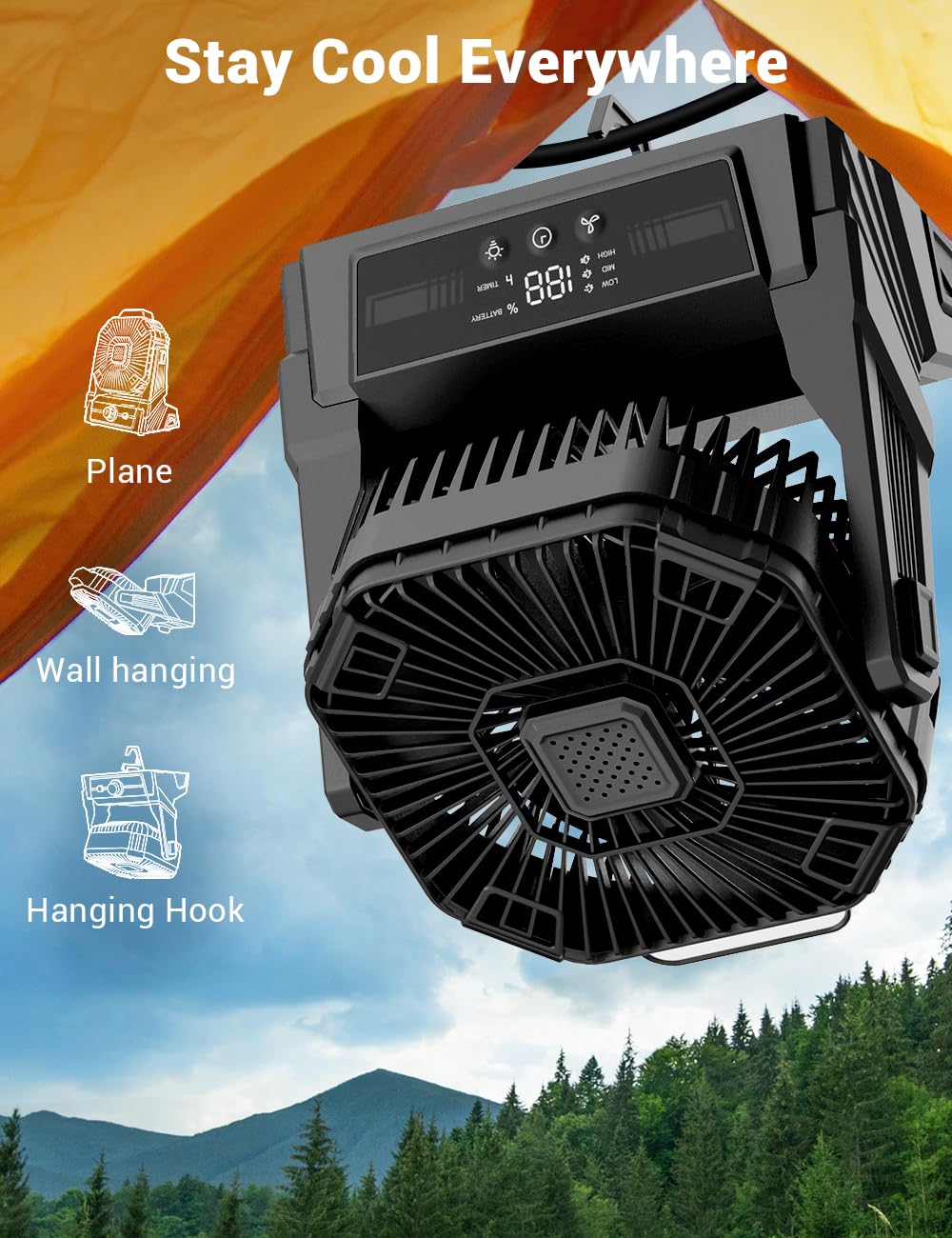 KopBeau Portable Camping Fan with Lights, 20000mAh Rechargeable Battery Operated Fan, Battery Powered Outdoor Beach Tent Fan with 3 Speeds & Hook, Personal USB Table Fan for Camping Accessories Black