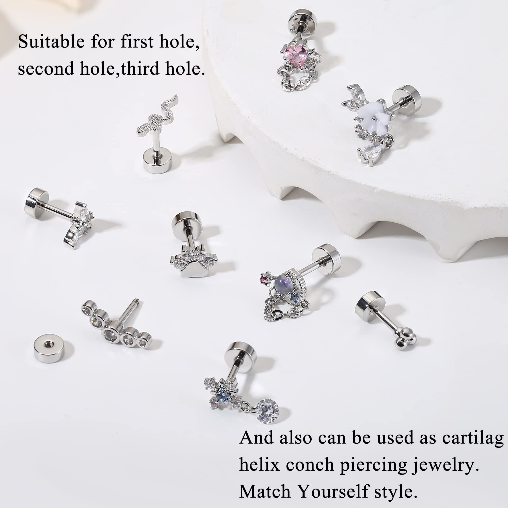 Jstyle 9 Pcs 16G Cartilage Earrings for Women 316L Stainless Steel CZ Dangle Conch Helix Tragus Flat Back Earrings Screw Back Ear Piercing Jewelry Studs