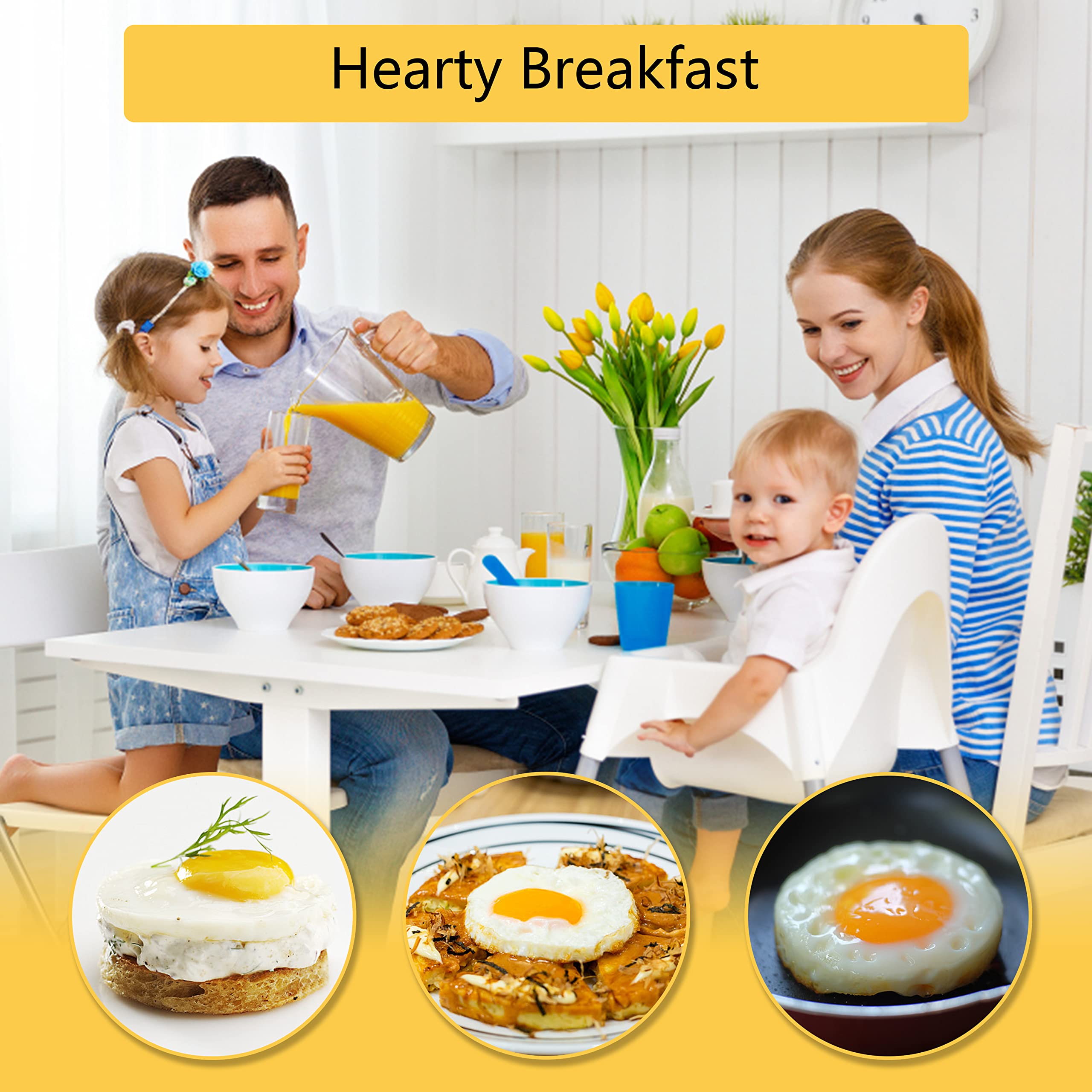 KLEINKITCH Egg Rings β 5 Piece Set of 2 Small and 2 Large Egg Molds for Frying Eggs with Oil Brush Plus Recipe EBook β Professional Portable Round Egg and Pancake Rings β 3 Inch and 4-Inch Sizes