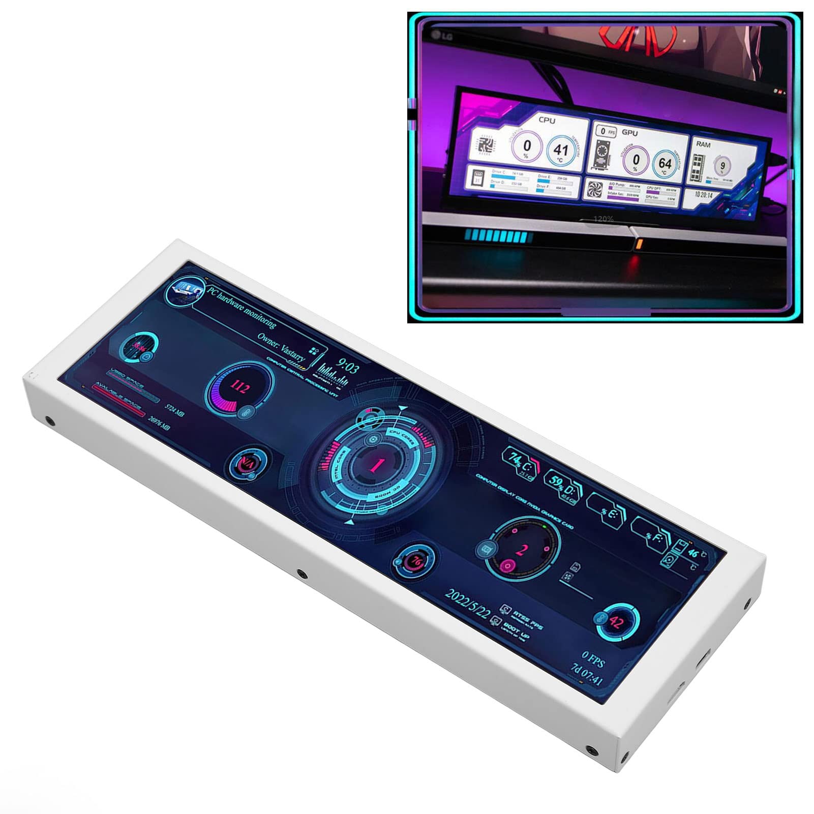 Naroote PC CPU Data Monitor, Computer CPU Monitor 7.9in IPS Theme Editor Steplessly Dimmable for Chassis
