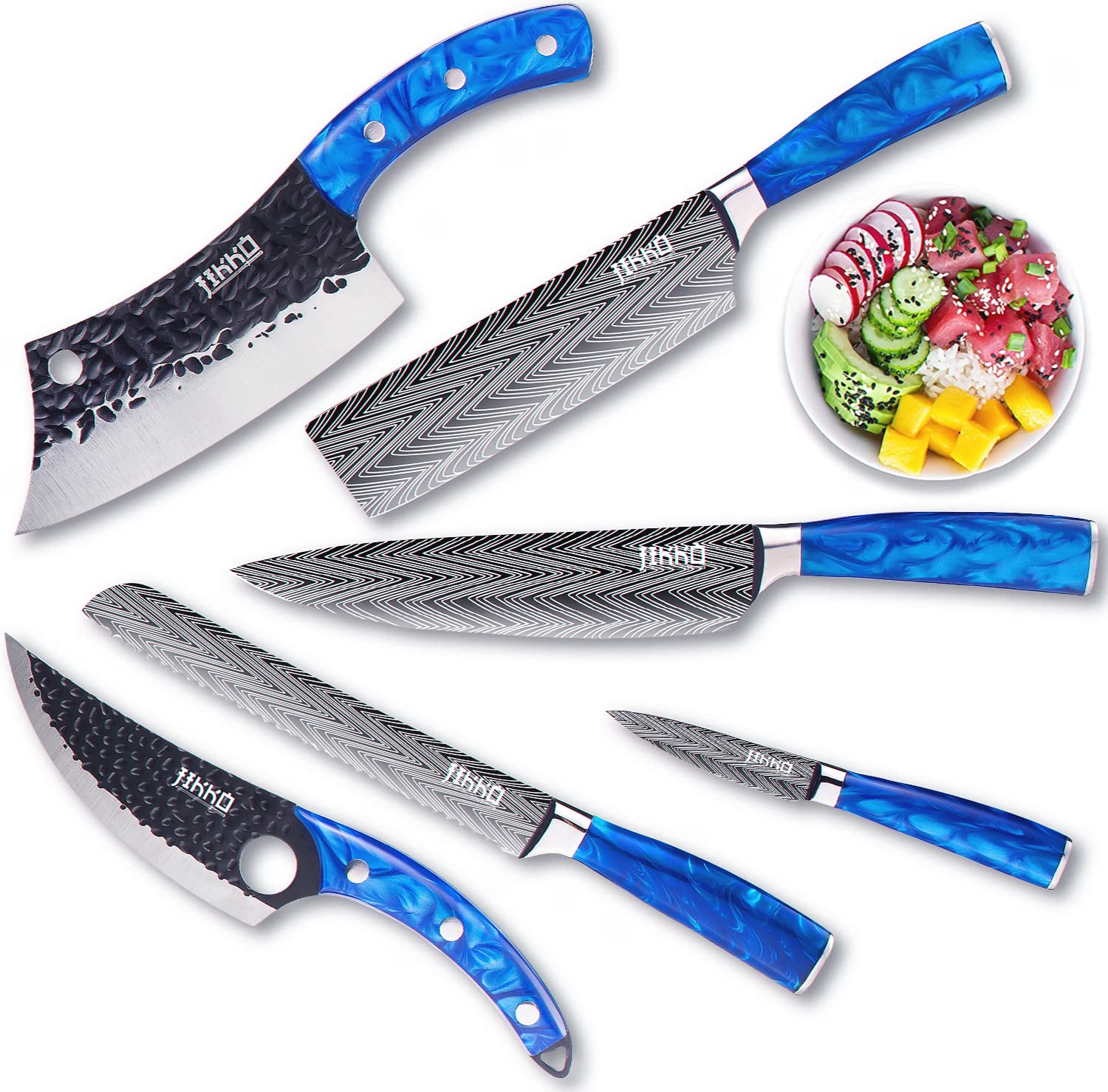 Jikko New Reinforced Carbon Steel Japanese Kitchen Knife Set ā DiamondRazor Series ā Ultra Sharp Japanese Knife Set & Chef Knife Set with Ocean Blue Handles ā Professional Chef's Knives