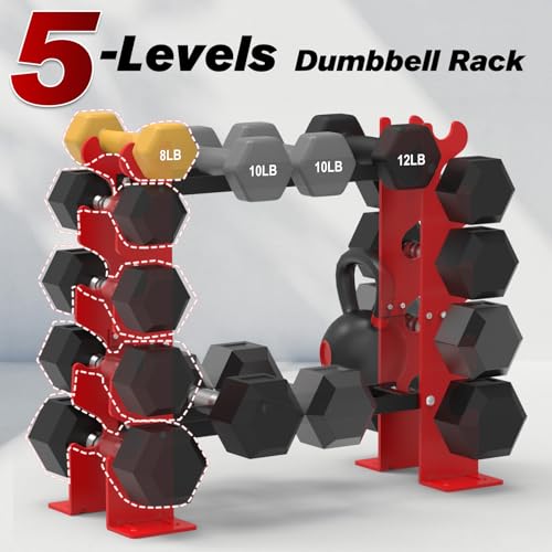 FISUP Weight Rack for Dumbbells, Dumbbell Rack Stand Only 450LBS Capacity Weight Rack for Home Gym Strength Training Dumbbell Racks Red and Black 5 Tier,Suitable for 8-30 LBS