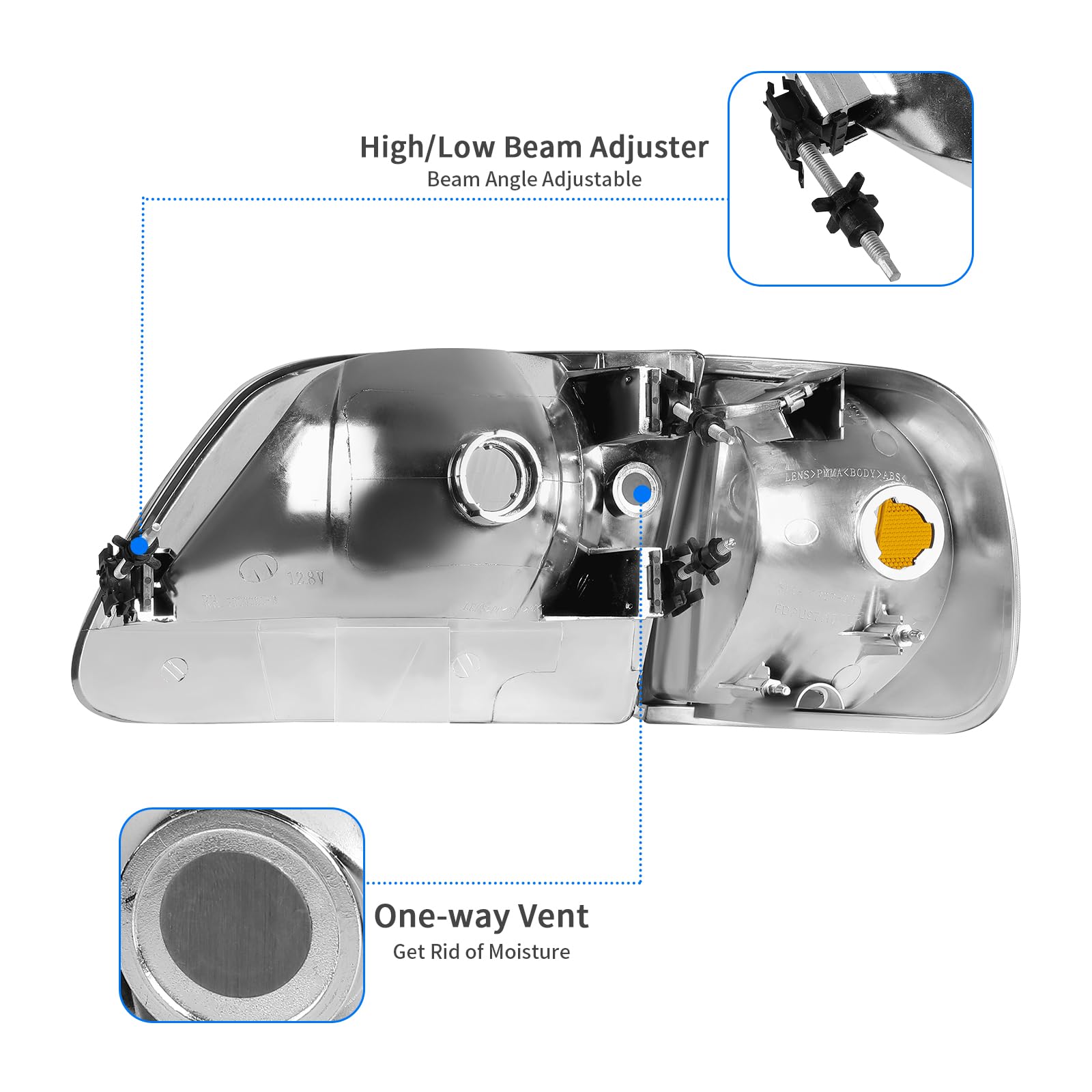 DWVO Headlight Assembly Compatible with 1997-2003 Ford F-150 Pickup/1997-2002 Ford Expedition Headlamp with Corner Light Black Housing Amber Reflector