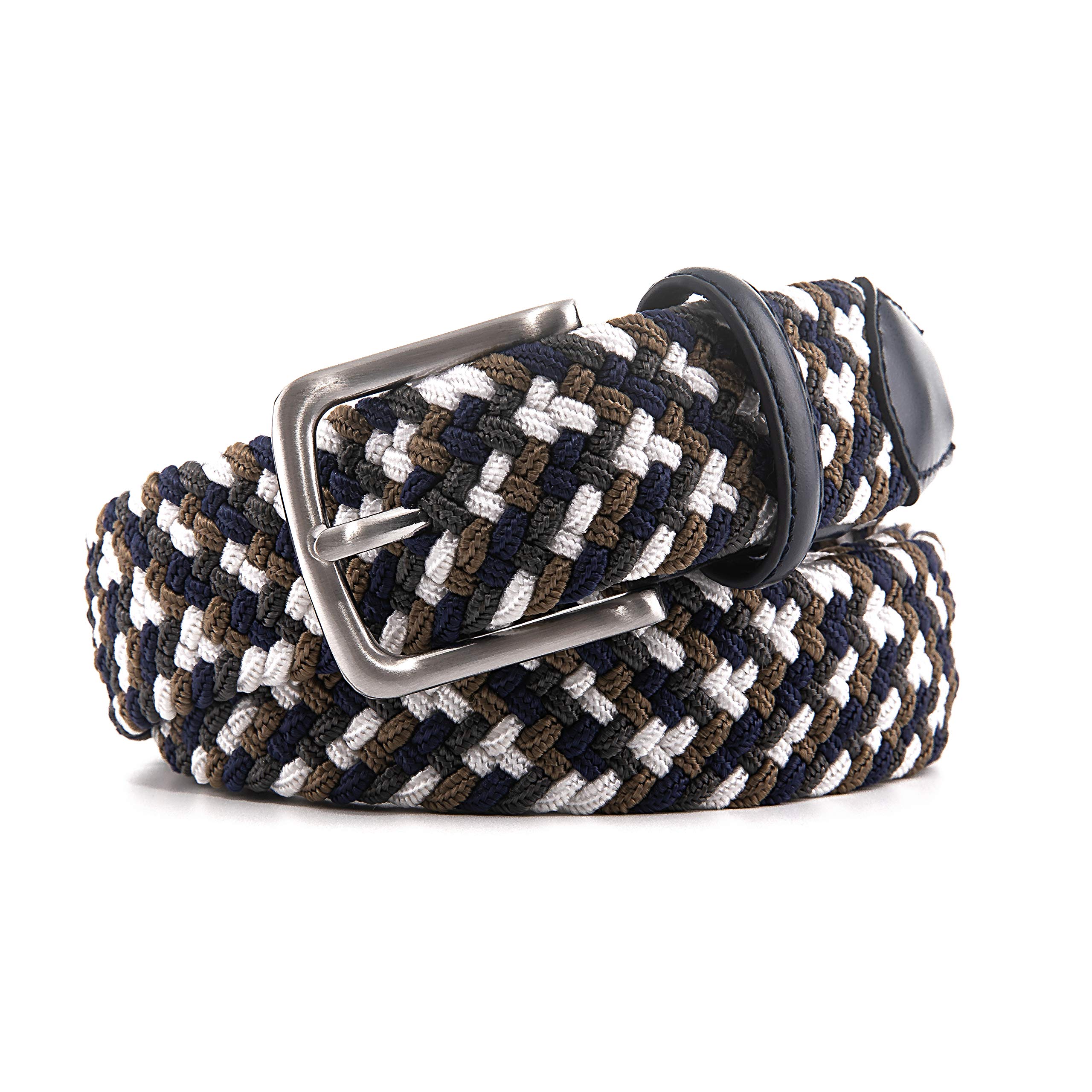 Fabio Valenti Woven Stretchy Braided Belts for Men & Women, Golf Casual Belt (M( fits waist 33"- 36" ) M, NAVY/WHITE/GRAY)