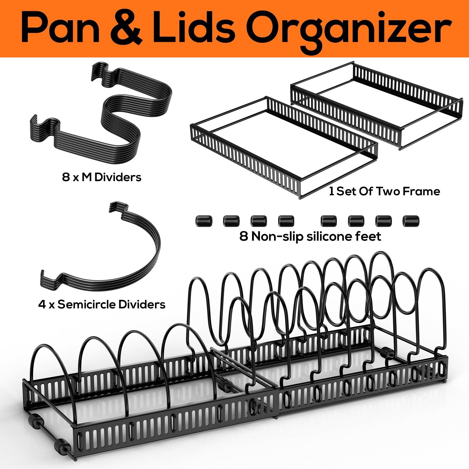 VELKPRO Pots and Pans Organizer Rack for Under Cabinet-Adjustable Kitchen Cabinet Holder-Ideal for Pot Lids, Cutting Boards, Cast-Iron Pans, and Heavy Cookware Storage