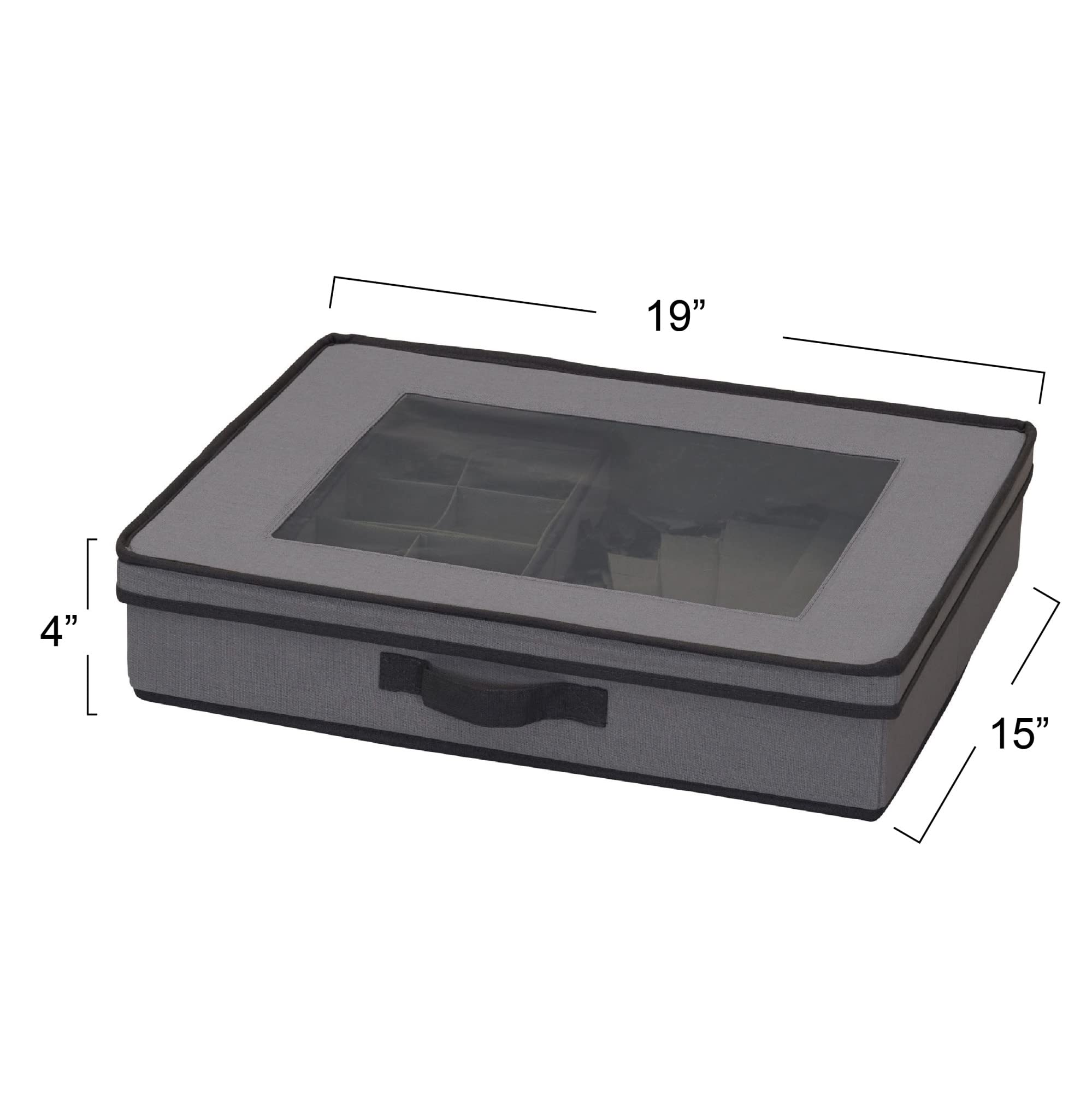 Household Essentials Tabletop Storage Box, Windowed Lid and Front Handle, 8 Compartment Lift-out Tray, 4 Fabric Pouches, Perfect for Special Occasion Tabletop Linens, Gray
