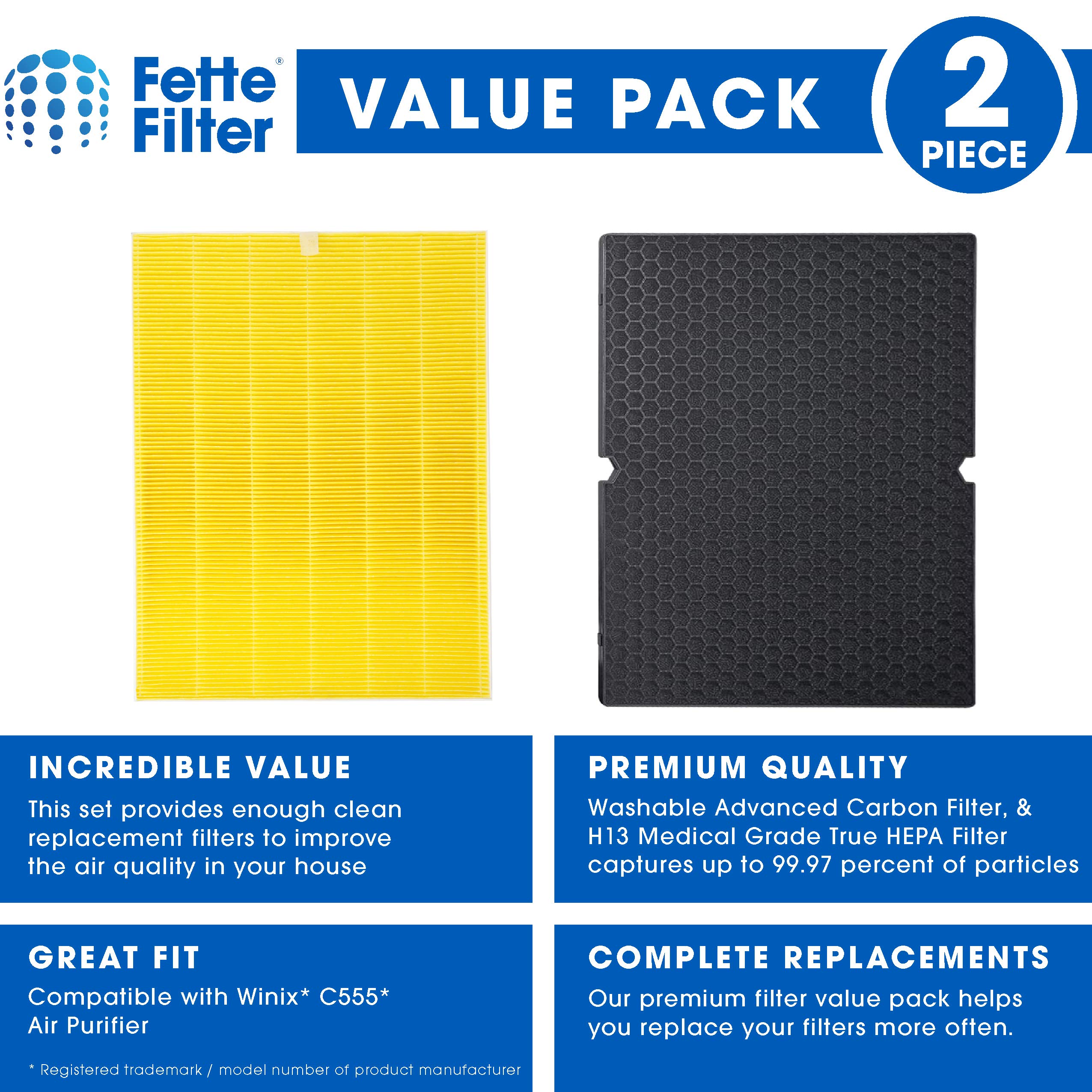 Fette Filter - Air Purifier True HEPA Filter Replacement Compatible with Winix 116131 Filter I for C555, Premium H13 True HEPA and Washable Advanced Carbon Filter - Pack of 1