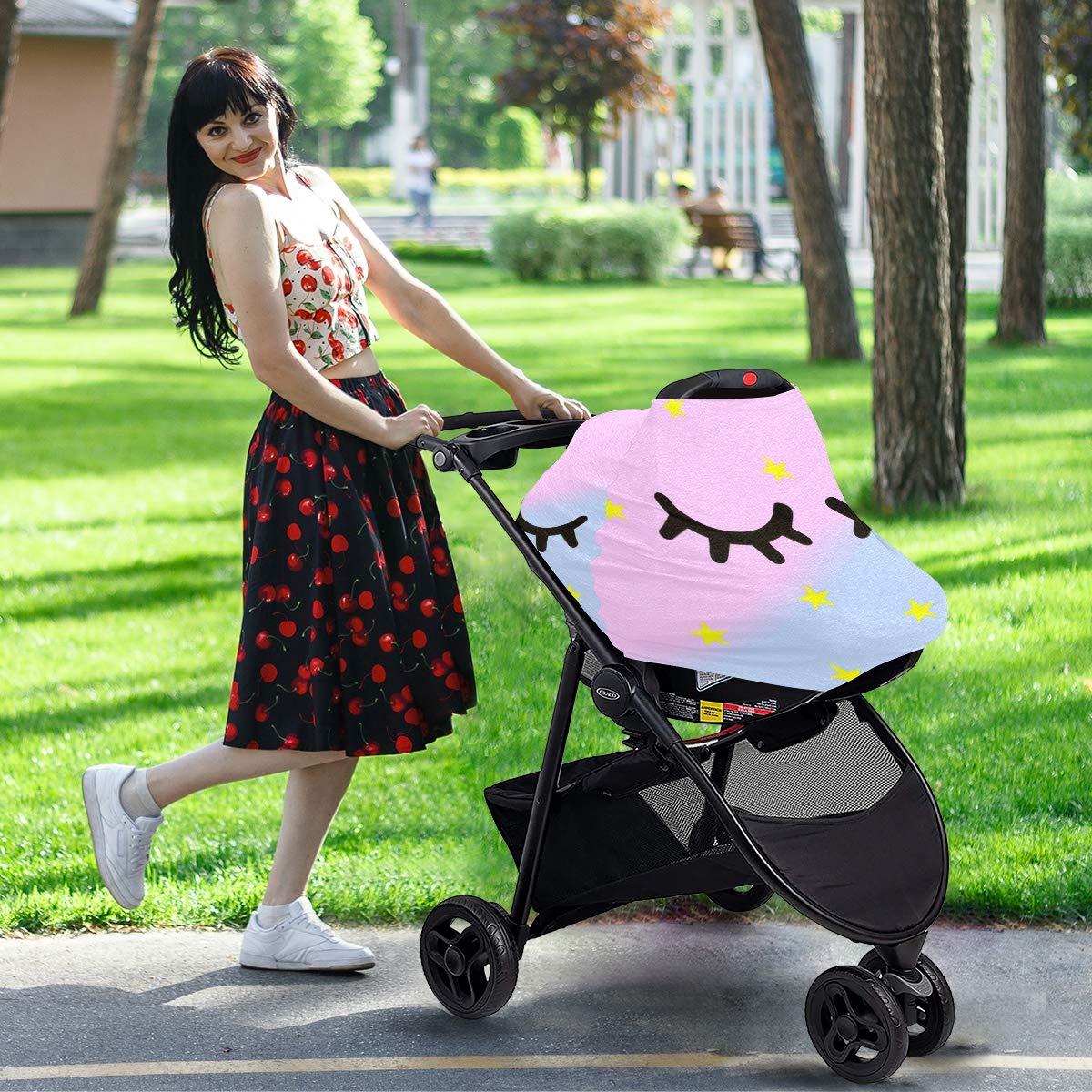 Eyelashes with Yellow Stars Baby Car Seat Covers, Nursing Cover Breastfeeding Scarf Soft Breathable Stretchy Coverage, Infant Stroller Cover for Boys Girls