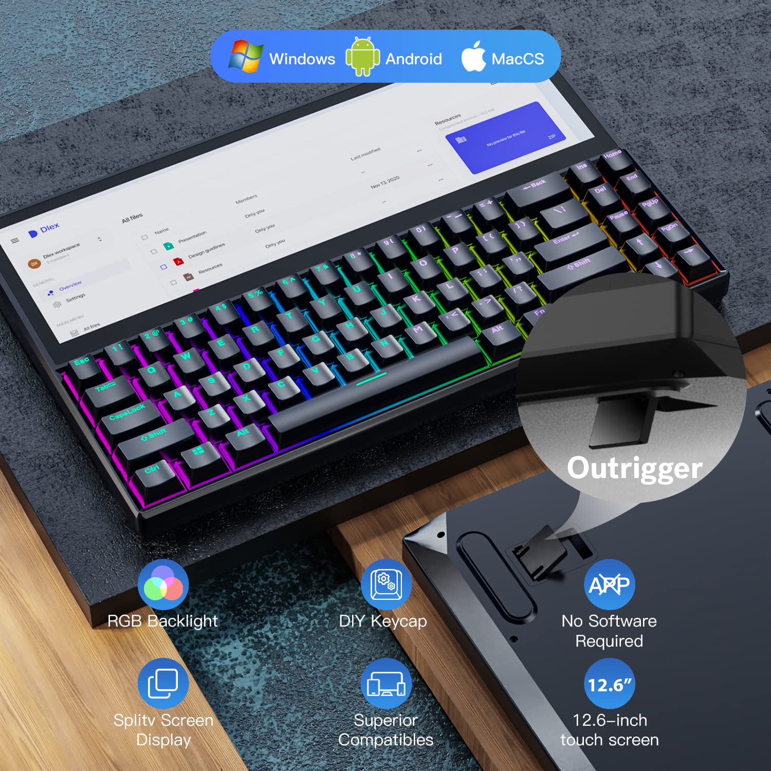 JJTechGiant Touchscreen Gaming Mechanical Keyboard 12.6 Inch Portable Laptop Wired USB RGB Backlit Compact Monitor with DIY Keycap Plug and Play Split Screen Keyboard for Mac Windows Android
