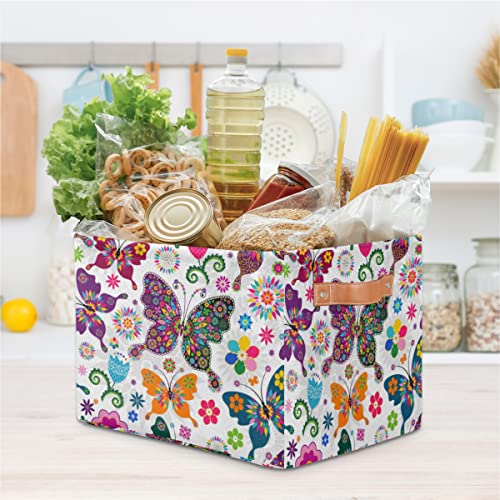 Pardick Floral Butterfly Large Collapsible Storage Bins ,Flying Butterfly Decorative Canvas Fabric Storage Boxes Organizer with Handles,Rectangular Baskets Bin for Home Shelves Closet Nursery Gifts
