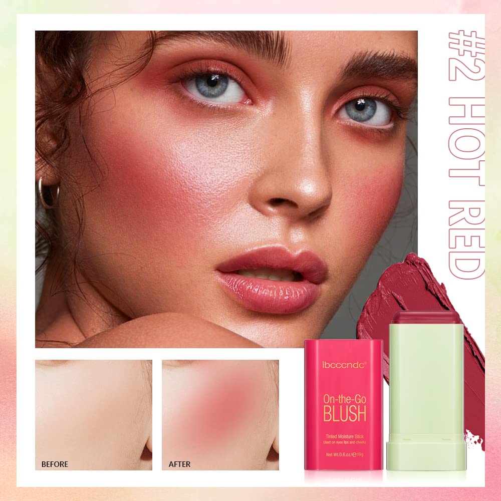 Ibcccndc Cream Blush Stick - Multi-Use Makeup Stick for Cheeks and Lips with Hydrating Formula, 2-in-1 Beauty Blush Stick with Soft Cream, On-the-Go Blendability (hot red)