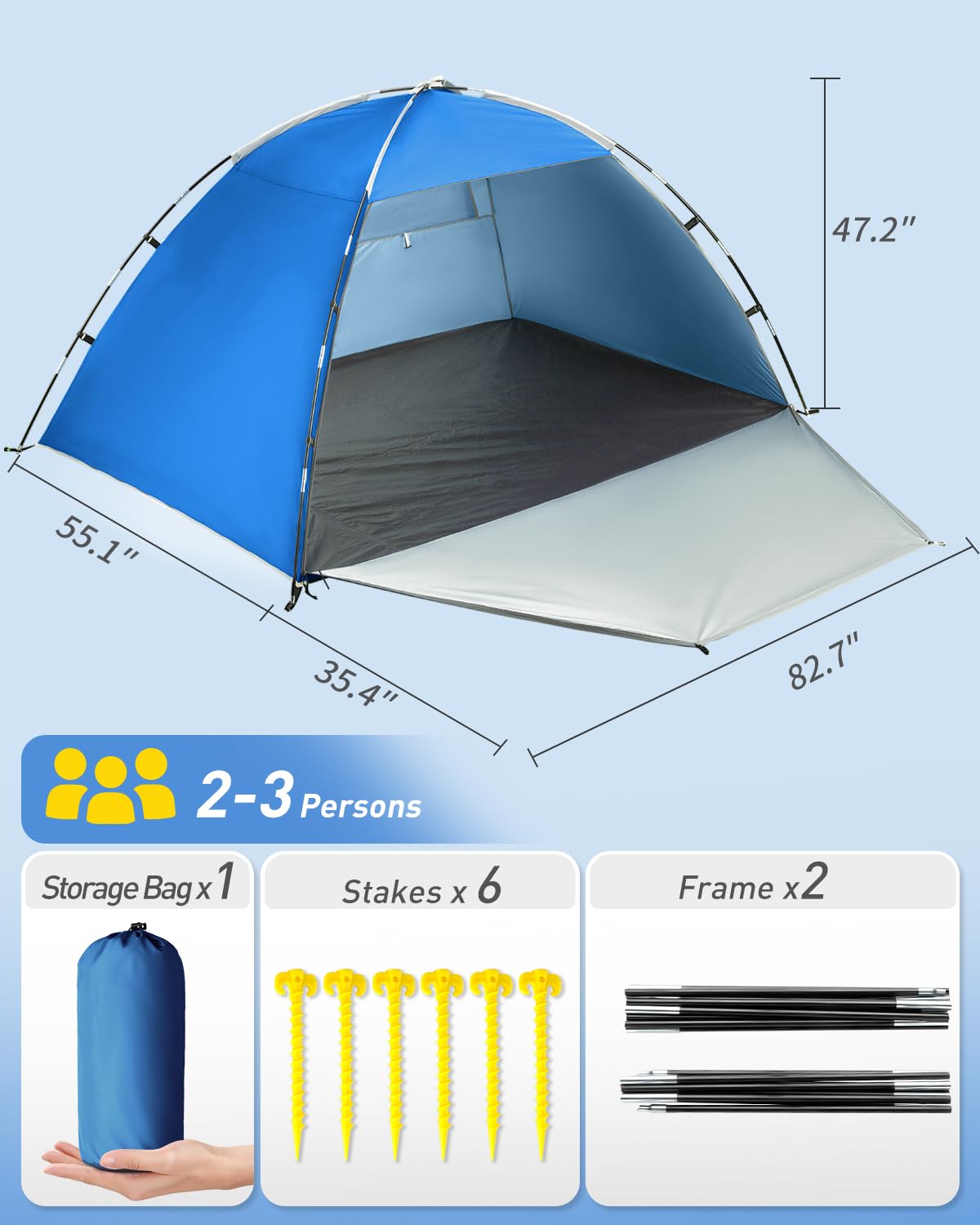 Forceatt Beach Tent, Beach Shade Tent for 2-3 Person with UPF 50+ UV Protection, Portable Beach Tent Sun Shelter Canopy, Lightweight & Easy Setup Beach Tent