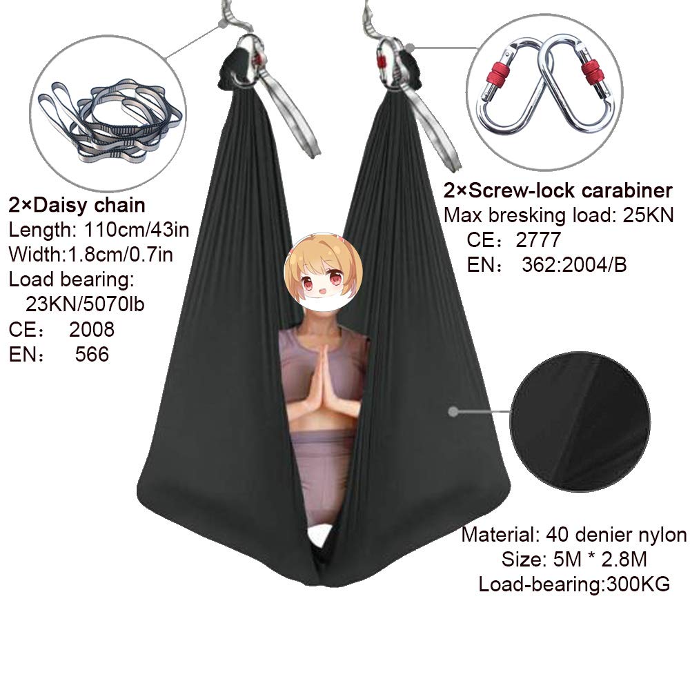 FOSER Aerial Yoga Hammock Aerial Yoga Swing with Daisy Chains Carabiners For Inverted Gravity Yoga Flip with Instruction Manual 5M×2.8M (Black)