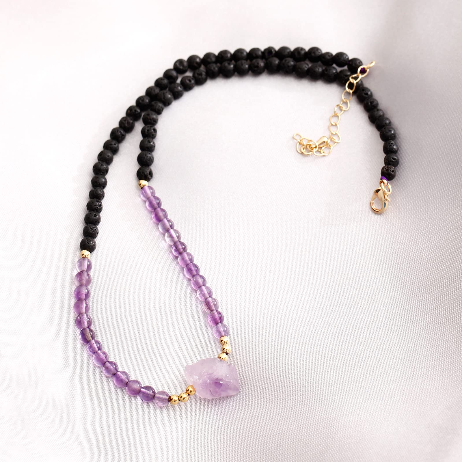 JEWME Hand Beaded Natural Crystal Rough Volcanic Stone Amethyst Necklaces Essential Oils Diffuser Stone Reiki Energy Balance Unisex