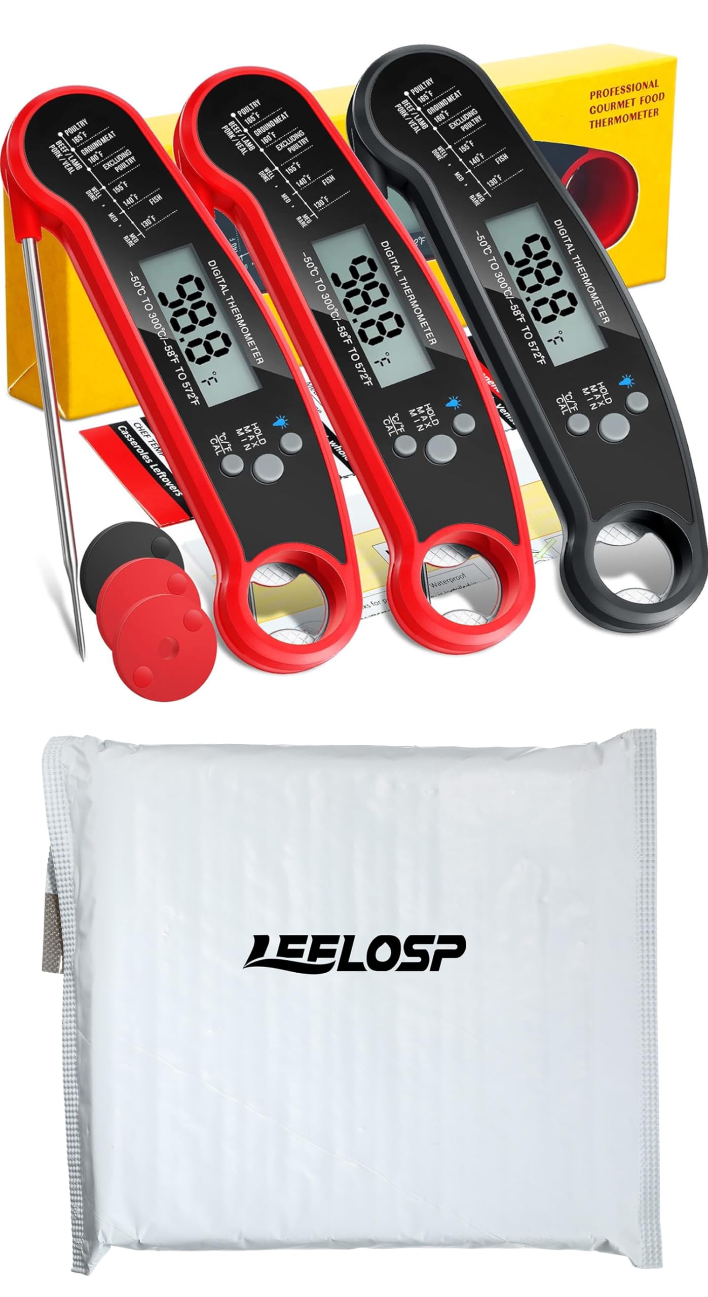 Leelosp 3 Pcs Digital Meat Thermometer with Probe Waterproof Fast Read Food Thermometer Kitchen Grilling Cooking Thermometer with Backlight Magnet and Calibration for Baking BBQ Outdoor, Red and Black