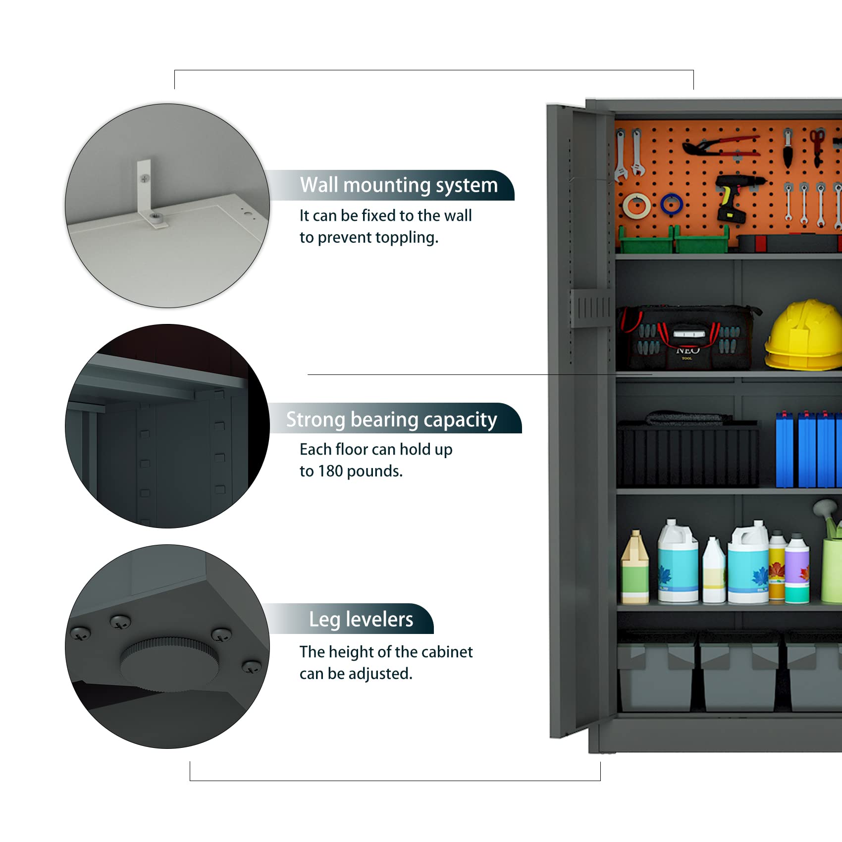 Garage Storage Cabinet Metal Storage Cabinet with 2 Doors and 4 Adjustable Shelf Height and Leg Levelers for Office, Home, School, Garage (Dark Gray, 43 inch)
