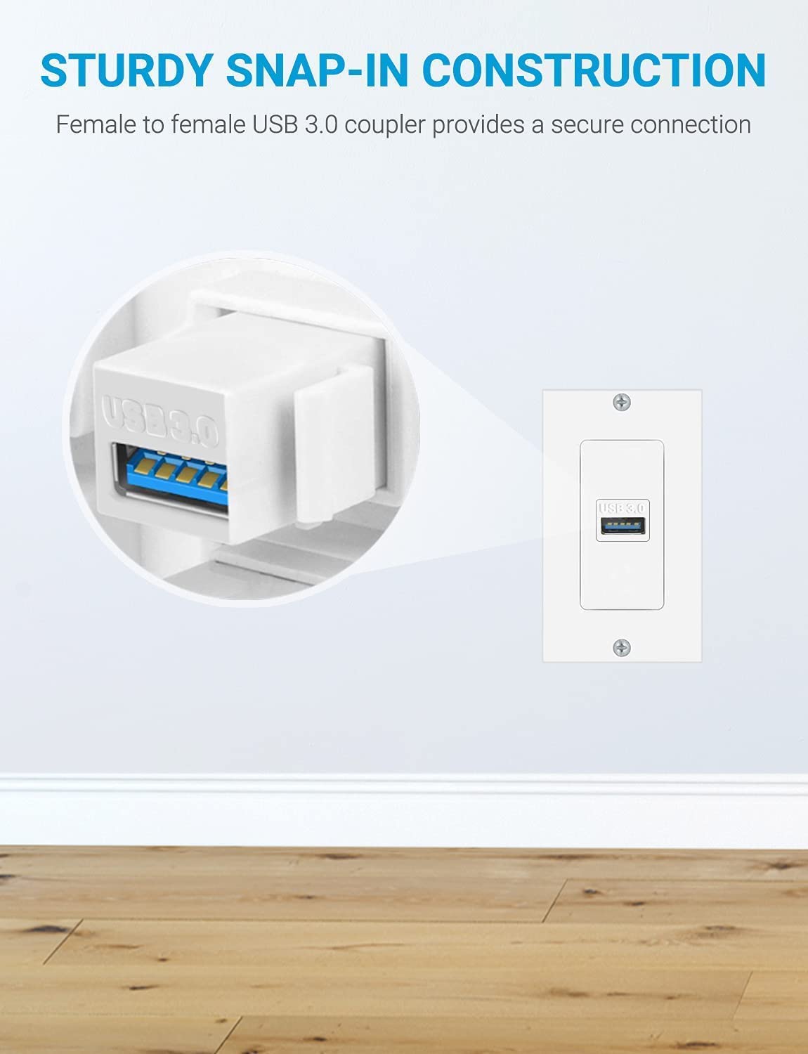 Luventg 3 Pack USB 3.0 Jack Inserts,USB to USB Adapters Female to Female Connector ,Female Coupler Insert Snap-in Connector Socket Adapter Port for Wall Plate Outlet Panel - White (White - 3 Pack)