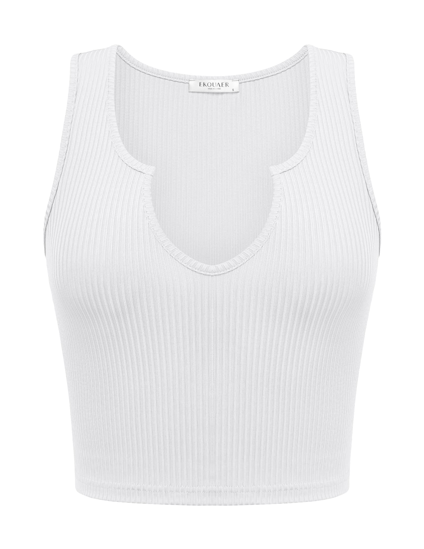 Ekouaer Women's Crop Tank Tops V Neck Workout Slim Fitted Crop Top White