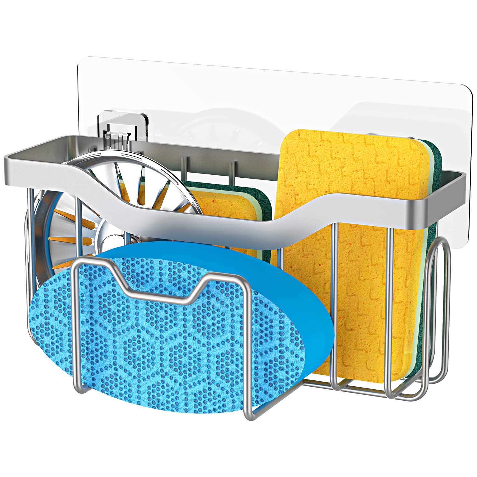 MURLONG Sink Caddy Sponge Holder for Kitchen Sink, Kitchen Sink Organizer 304 Stainless Steel for Dish Brush, Sponge, Soap Scrubber, Sink Stopper with Adhesive 2 Installation Ways-Silver