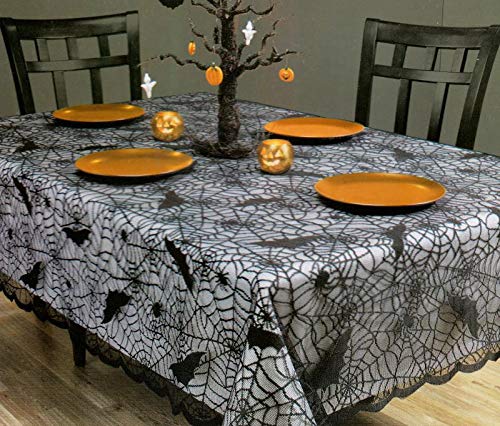 ibohr Halloween Tablecloth with Spiderweb & Bat Design Lace Rectangular Festival Table Cover Halloween Table Decorations for Parties & Gatherings, 100% Polyester, 60 X 84 Inch