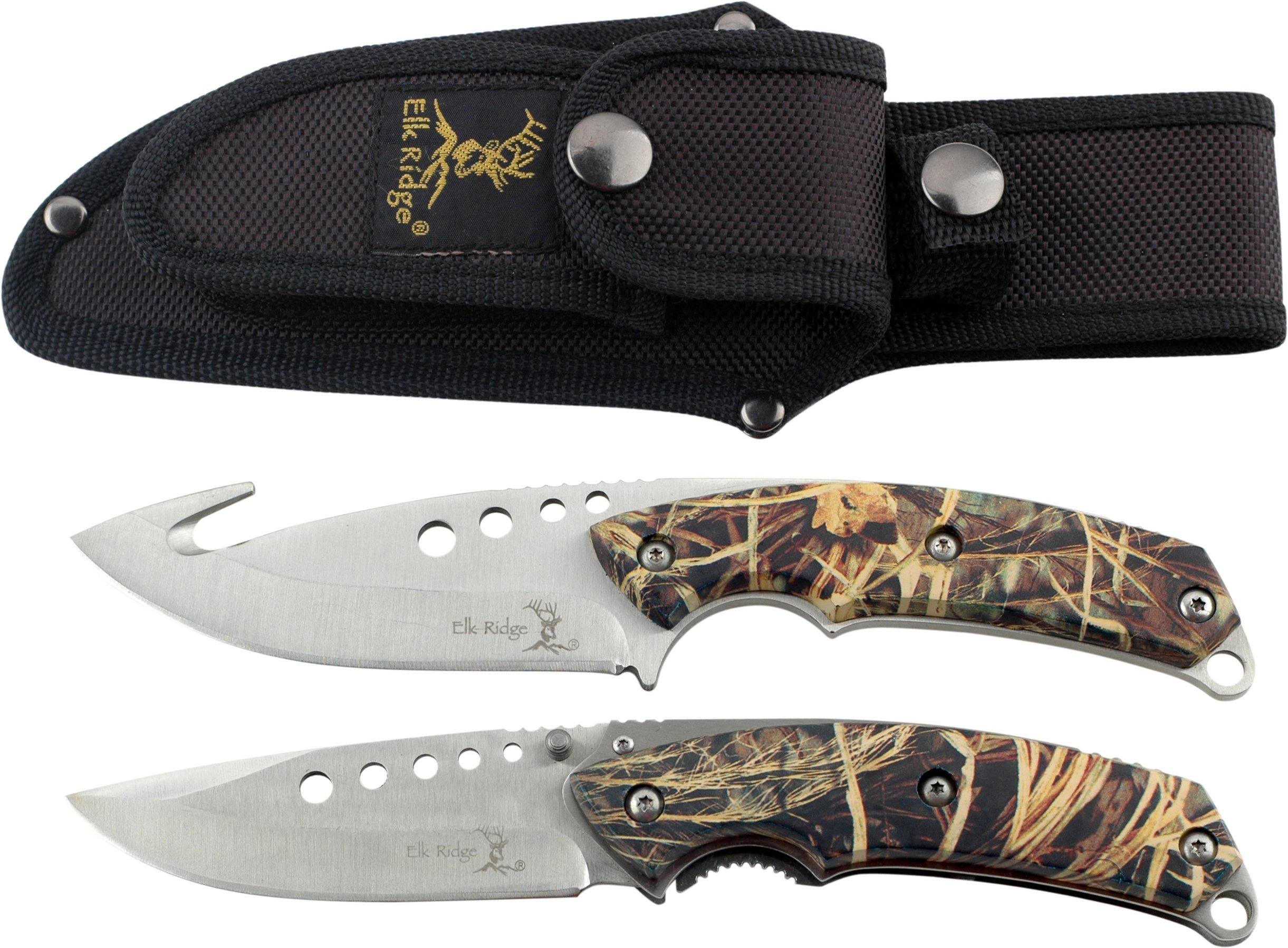 Elk Ridge - Outdoors Hunting Knife Set- 2 PC Fixed Blade and Folding Knife Set, Satin Finished Stainless Steel Blades, Camo Coated Handles, Includes Combo Nylon Sheath - Hunting, Camping, Survival - ER-054CA