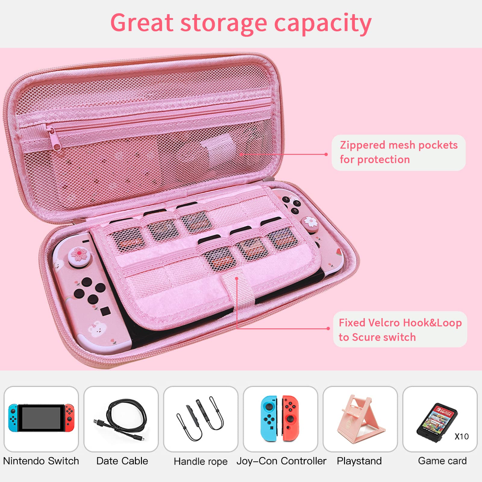 HLRAO Pink Travel Carrying Case Accessories Kit,Sakura Pink Carry Case Compatible with Nintendo Switch OLED.Pink Switch Hard Protective Cover,Adjustable Stand,Screen Protector & Thumb Grips 10 in 1.