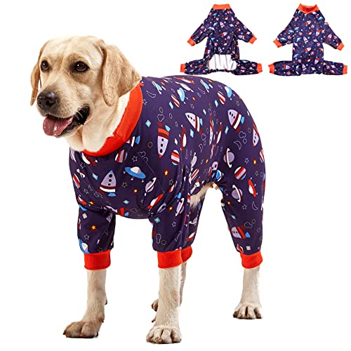 LovinPet Pullover Pitbull Pajama PJS - Lightweight Pullover Pajamas, Full Coverage Dog Pjs,Spacecraft Navy Print, Large Breed Dog Pjs/Large
