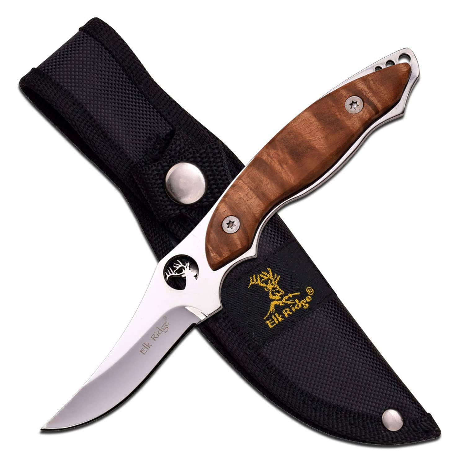 Elk Ridge - Outdoors Fixed Blade Knife - 7-in Overall, 3-in Mirror Finished Stainless Steel Blade, Burl Wood Handle, 1680D Nylon Sheath - Hunting, Camping, Survival - ER-538