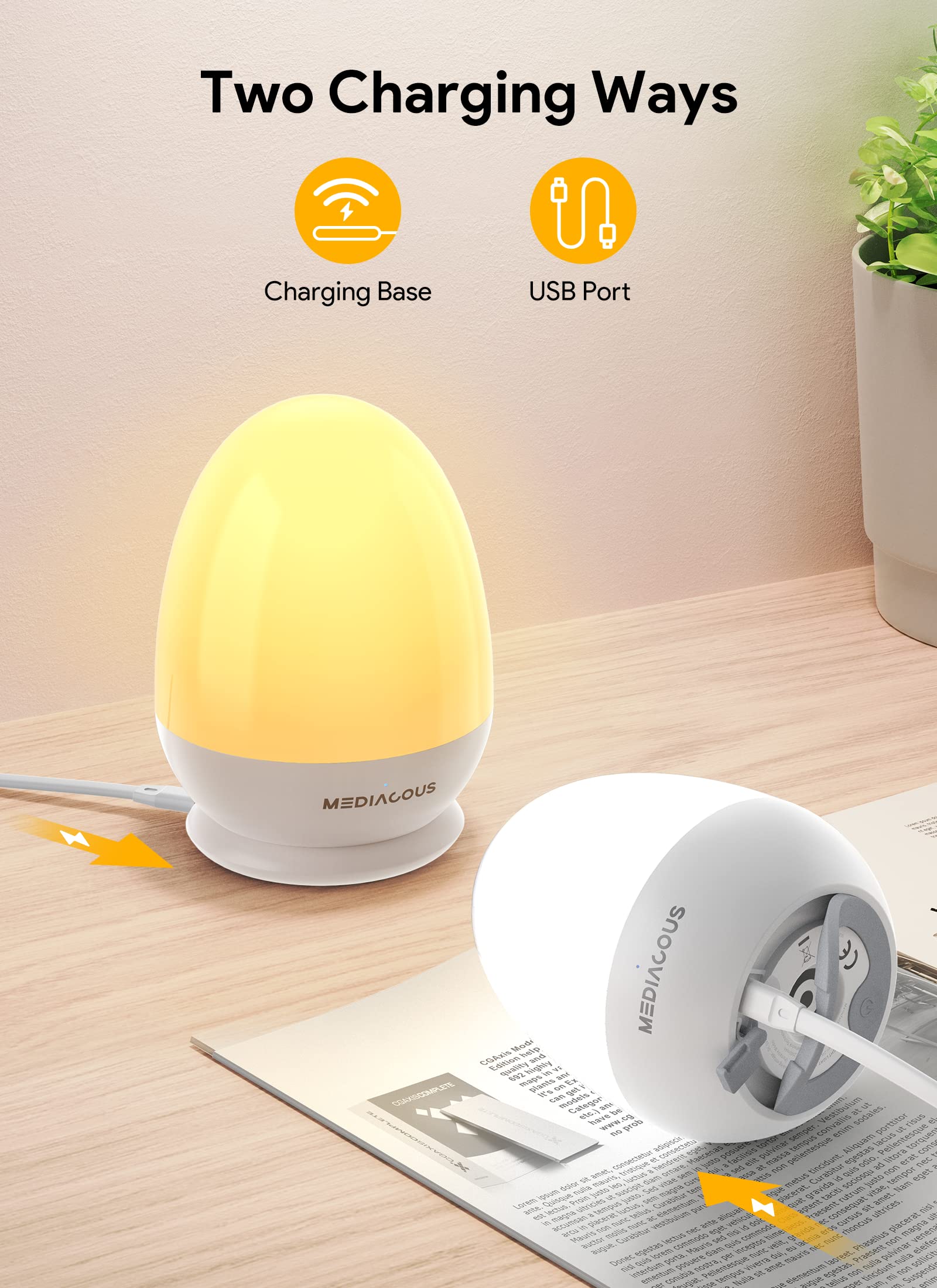 MediAcous Night Lights for Kids, Baby Night Light with Stable Charging Pad, Portable Night Light with Touch Control & 1H Timer, Stepless Dimming, ABS+PC Egg Night Light for Baby Nursery