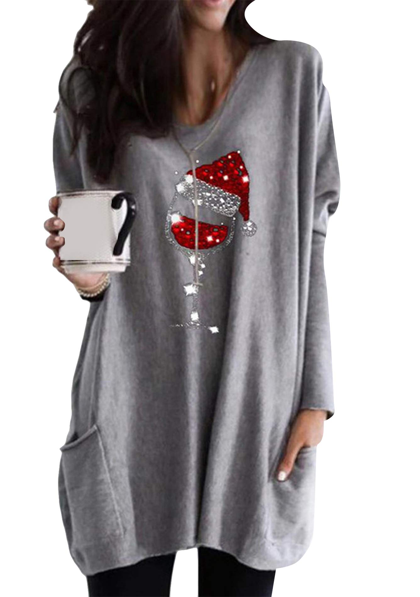 FLITAY Womenâs Warm Round Neck Patchwork Sweatshirt Long Sleeve Plus Size Tunic Tops Shirt 2-Light Grey M