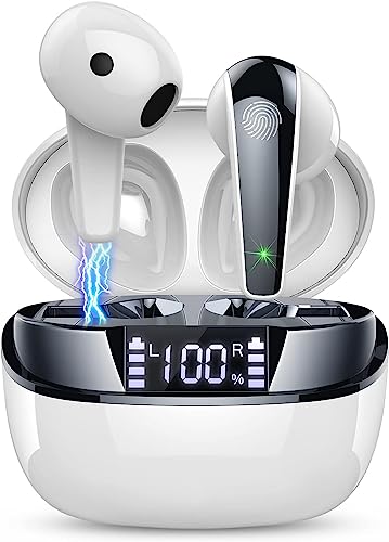 Renimer Wireless Earbud, Bluetooth 5.3 Headphones in Ear with Immersive Sound, Bluetooth Earbud Dual LED Display Wireless Earphones IP7 Waterproof Ear bud, 35H Playtime, Noise Cancelling, USB-C, White