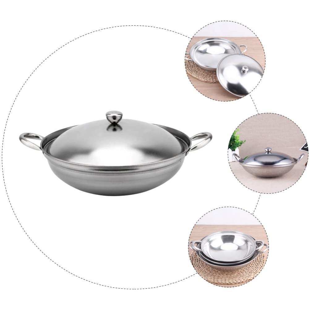 Hemoton 1 Set Stoves Wok Pan Stainless Steel Chinese Fry Pan with Lid Double Handle Cooking Skillet Pot Kitchen Cookware for Home Outdoor Picnic 22cm