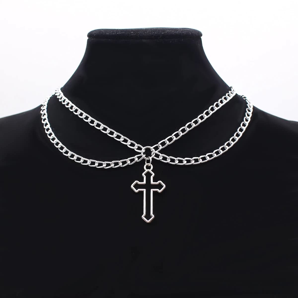 HMIXN Layered Choker Cross Necklace Silver Chain Simple Punk Cross Pendant Gothic Collar Handmade Statement Chunky Chains Necklaces for Women