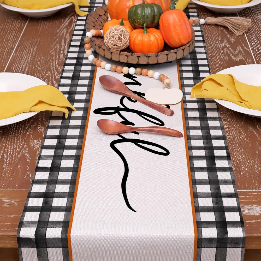 GEEORY Fall Table Runner 13x72 Inch, Buffalo Plaid Check Pumpkins Thanksgiving Farmhouse Table Decoration for Kitchen Dinning, Indoor Outdoor Dinner Party (Orange Pumpkins) GT121-72