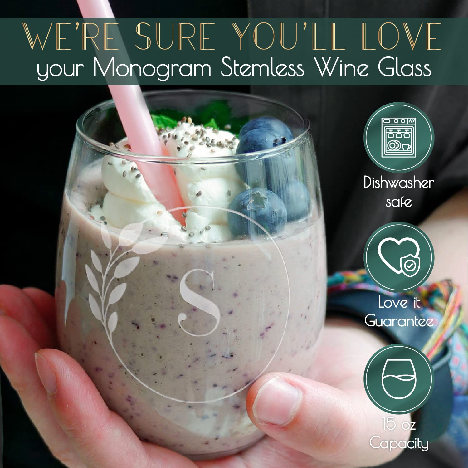 Greenline Goods Letter S Monogram Stemless Wine Glasses - Discover our Crystal Etched Wine Glass - Cocktail Glass with Personalized Initial