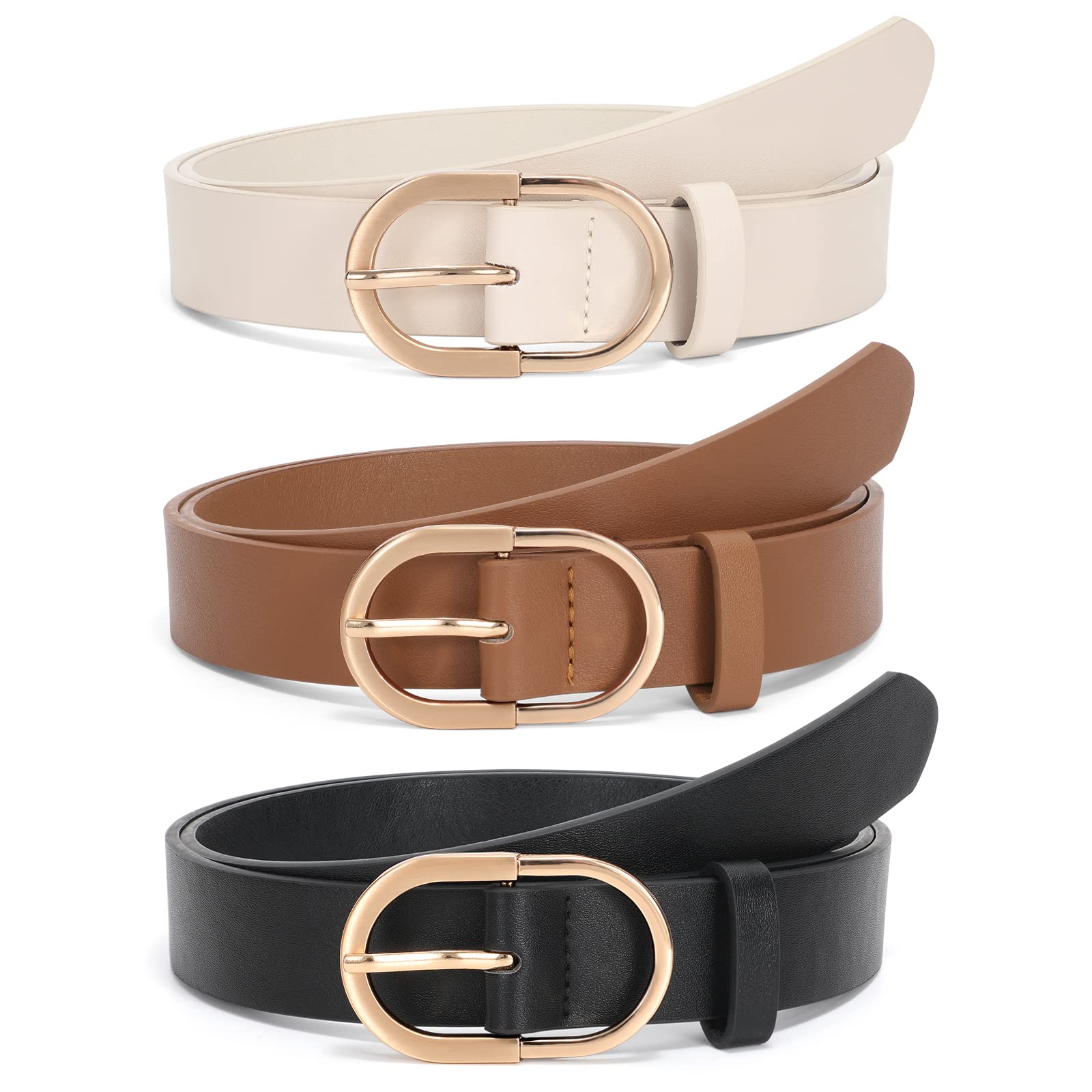 JASGOOD 3 Pack Womenâs Leather Belts for Jeans Pants Fashion Ladies Belt with Gold Buckle D-Black+Brown+BeigeďźFit Waist Size 32"-37"