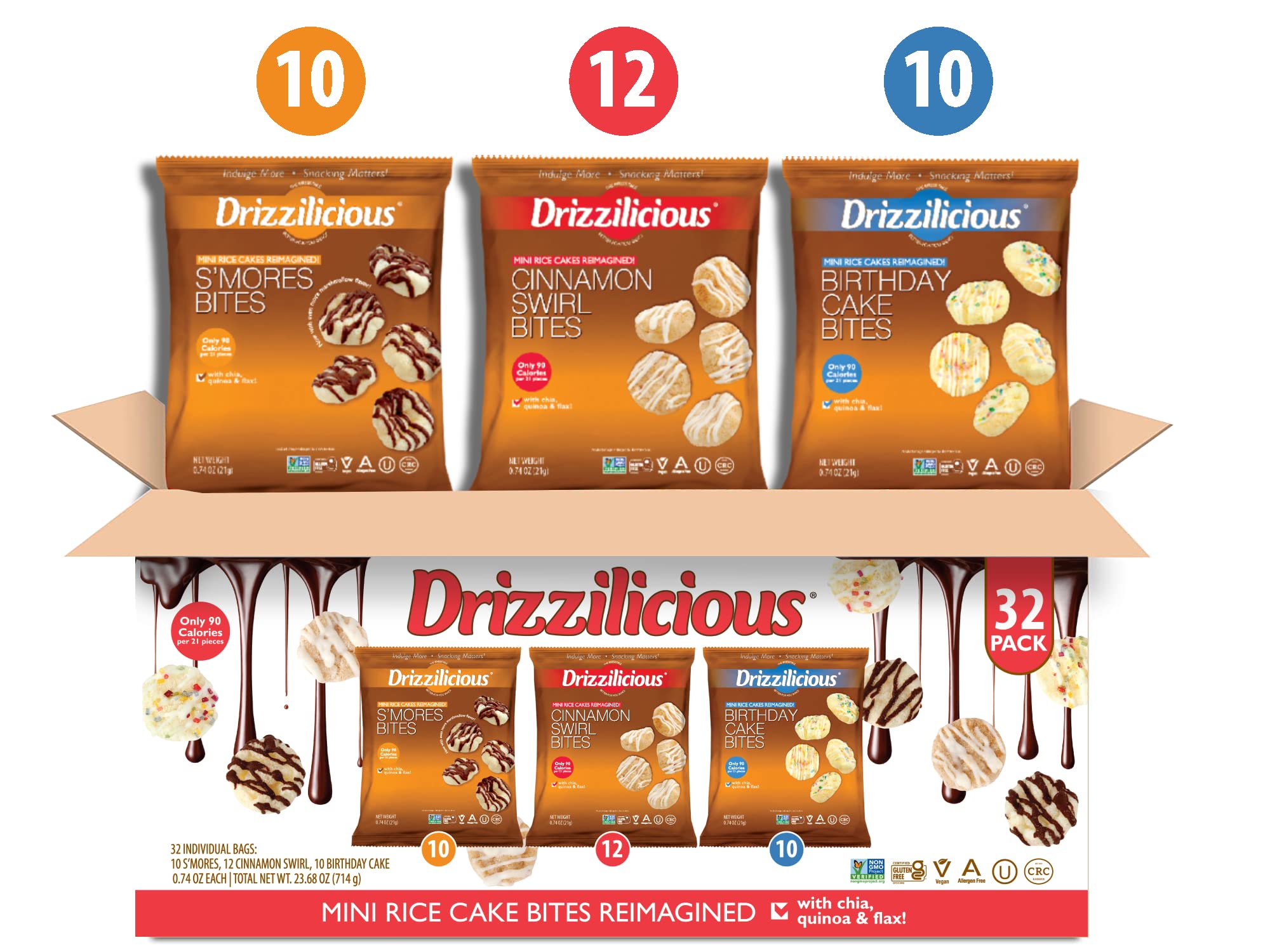 Drizzilicious Variety Pack .74oz 32 count | S'mores, Cinnamon Swirl and Birthday Cake | Mini Snack Chocolatey Rice Cakes | Vegan Air Popped Chia, Quinoa, Flax Snack …