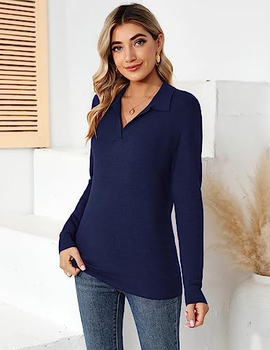 Romanstii Women's Knitted Polo Sweaters Long Sleeve V Neck Collared Shirts Winter Pullover Tops,Navy Blue,L