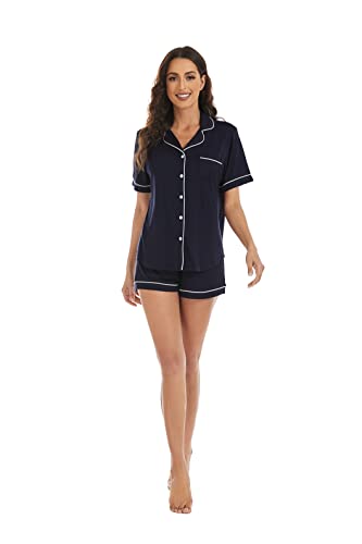 LUBOT Women's Pajamas Set Short Sleeve Button-Down Shirt PJ Pants Two-piece Shorts Set Summer Night Suit Sleepwear Loungewear (Navy Blue, M)