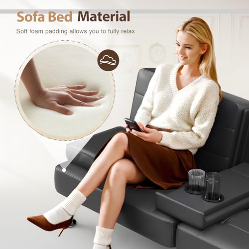 Shahoo Convertible Folding Futon Sofa Bed Sleeper Couch for Living Room Faux Leather Upholstered Loveseat w/Removable Armrests, Metal Legs, 2 Cup Holders, Black
