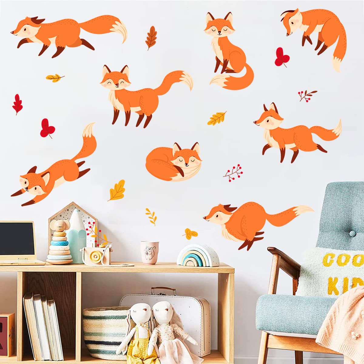 WOYINIS Cute Fox Wall Decals DIY Animal Foxes Pine Leaves Wall Stickers Peel & Stick Bedroom Playroom Baby Nursery Kids Room Wall Decor Art Decoration