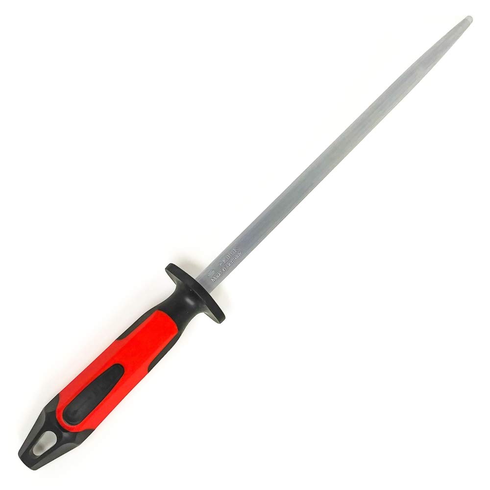 F. Dick 2K Series 12" Round Regular Cut Steel - Large Diameter 12" Round Rod With Dual Density Handle Featuring Non-Slip Polymer Grip Area - German Made - Mad Cow Cutlery Red