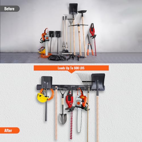 VEVOR Garage Tool Organizer, 600 lbs Max Load Capacity, Wall Mount Yard Garden Storage Rack Organization Heavy Duty with 6 Adjustable Hooks and 3 Rails, for Garden Tools, Shovels, Trimmers, and Hoses