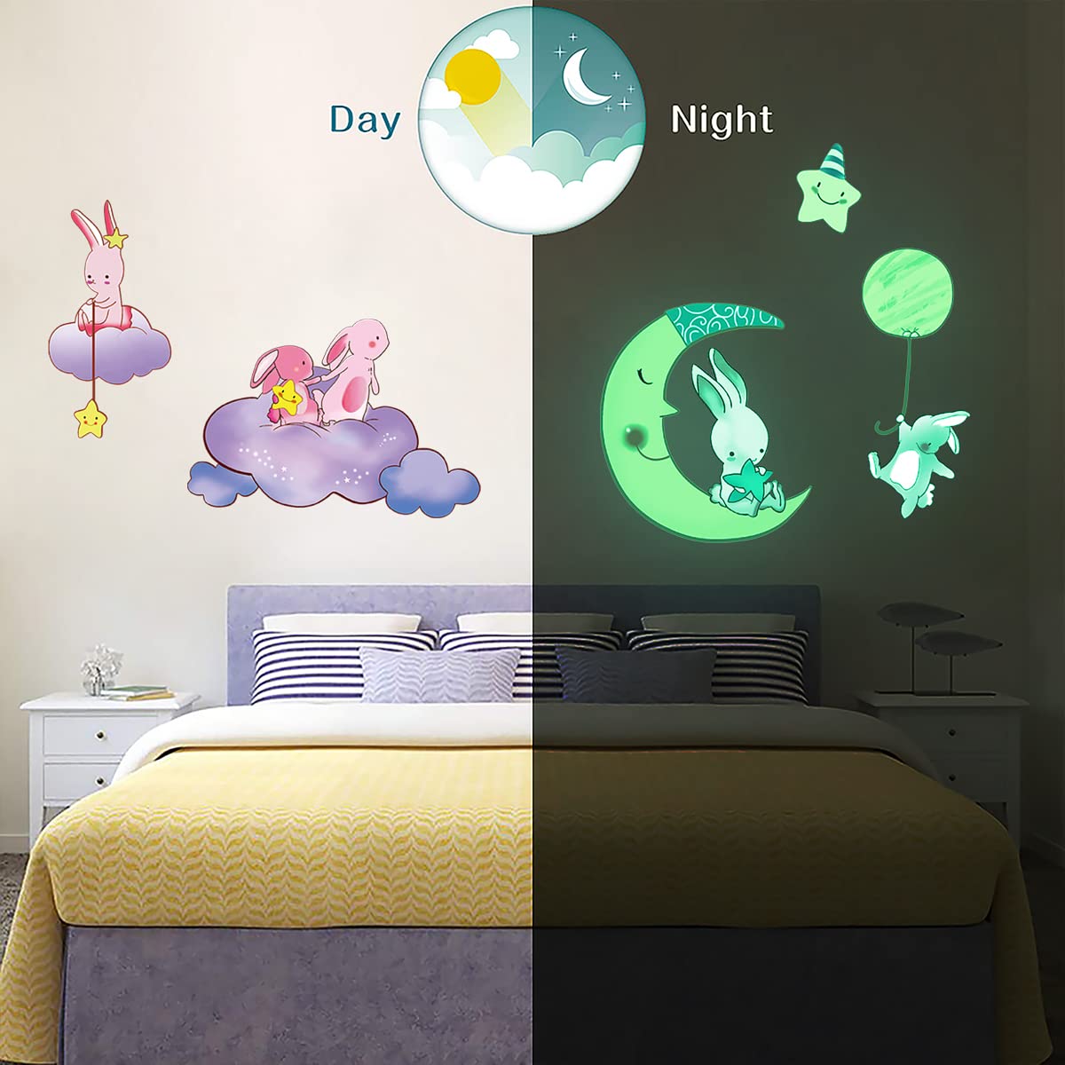 MESU Glow in The Dark Wall Decals Luminous Moon Stars Stickers Rabbit for Kids Bedroom Ceiling Decorate Starry Sky Star Rabbit